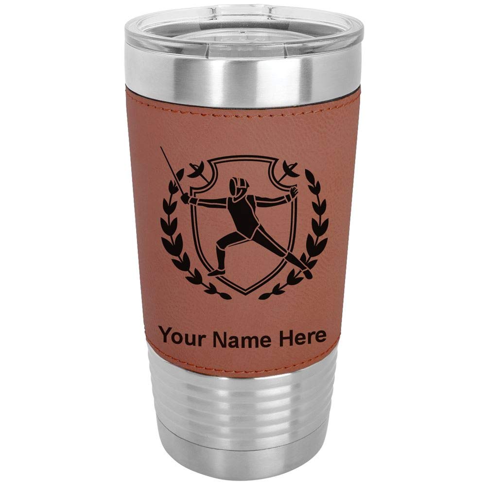 LaserGram 20oz Vacuum Insulated Tumbler Mug, Fencing, Personalized Engraving Included (Faux Leather, Dark Brown)