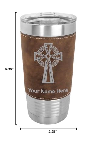 LaserGram 20oz Vacuum Insulated Tumbler Mug, Celtic Cross, Personalized Engraving Included (Faux Leather, Rustic)