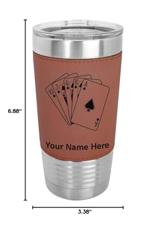 LaserGram 20oz Vacuum Insulated Tumbler Mug, Royal Flush Poker Cards, Personalized Engraving Included (Faux Leather, Dark Brown)