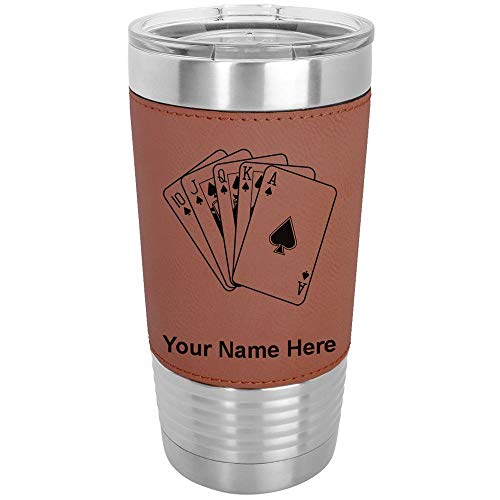 LaserGram 20oz Vacuum Insulated Tumbler Mug, Royal Flush Poker Cards, Personalized Engraving Included (Faux Leather, Dark Brown)