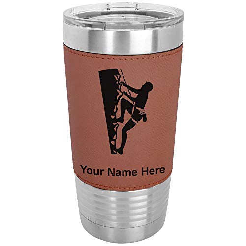 LaserGram 20oz Vacuum Insulated Tumbler Mug, Rock Climber, Personalized Engraving Included (Faux Leather, Dark Brown)