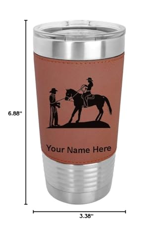 LaserGram 20oz Vacuum Insulated Tumbler Mug, Cowgirl Roping a Man, Personalized Engraving Included (Faux Leather, Dark Brown)