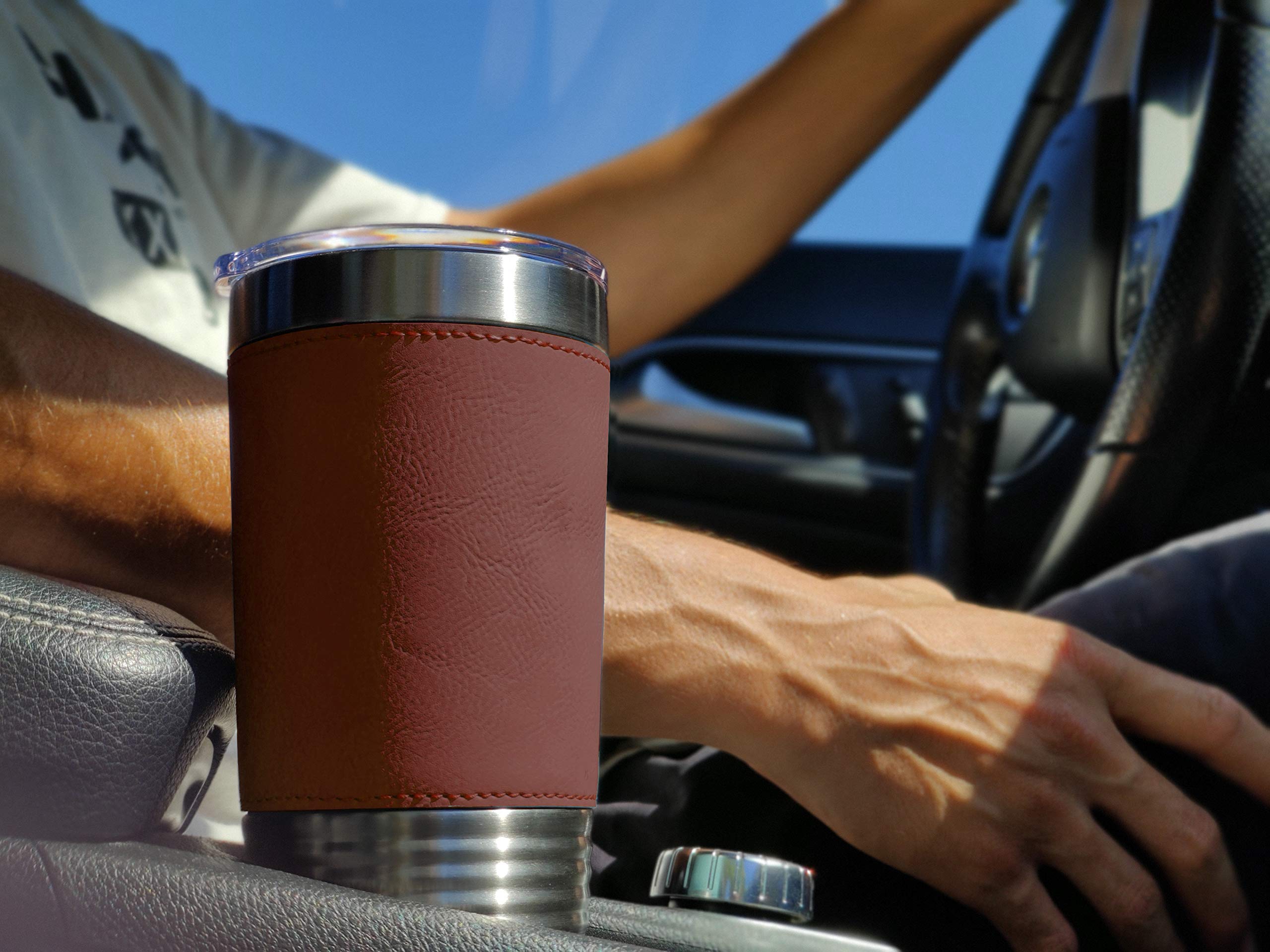 LaserGram 20oz Vacuum Insulated Tumbler Mug, Musical Notes, Personalized Engraving Included (Faux Leather, Dark Brown)