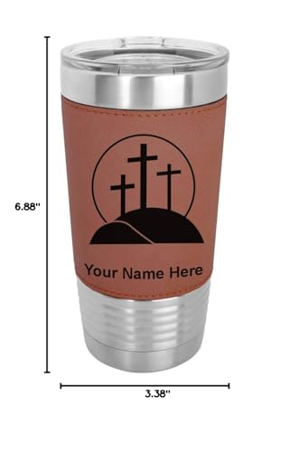 LaserGram 20oz Vacuum Insulated Tumbler Mug, Calvary Cross, Personalized Engraving Included (Faux Leather, Dark Brown)