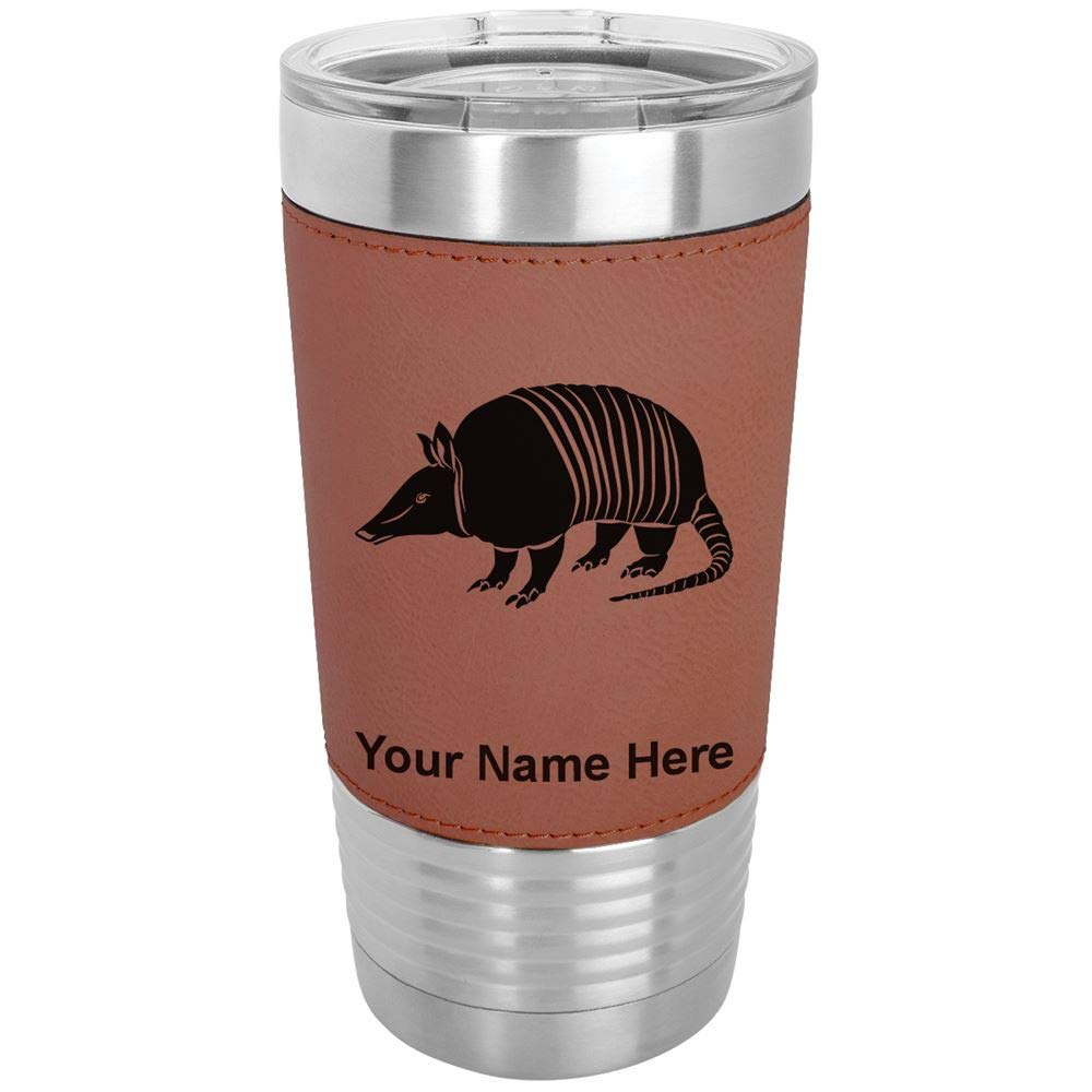 LaserGram 20oz Vacuum Insulated Tumbler Mug, Armadillo, Personalized Engraving Included (Faux Leather, Dark Brown)