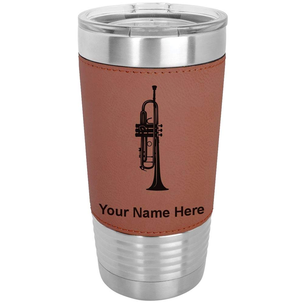 LaserGram 20oz Vacuum Insulated Tumbler Mug, Trumpet, Personalized Engraving Included (Faux Leather, Dark Brown)