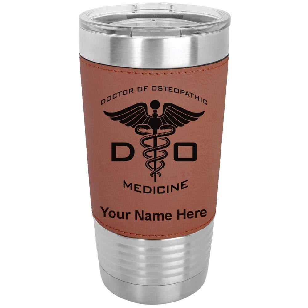 LaserGram 20oz Vacuum Insulated Tumbler Mug, DO Doctor of Osteopathic Medicine, Personalized Engraving Included (Faux Leather, Dark Brown)