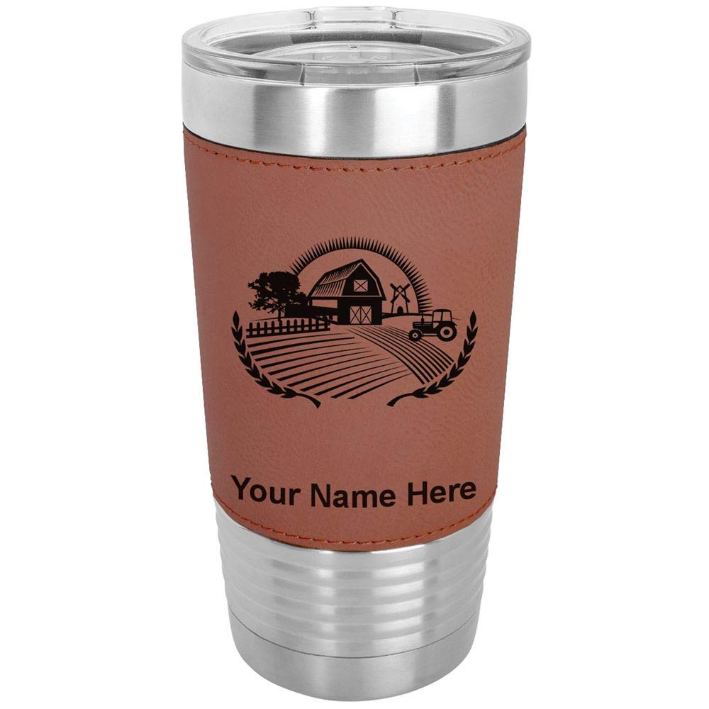 LaserGram 20oz Vacuum Insulated Tumbler Mug, Farm, Personalized Engraving Included (Faux Leather, Dark Brown)