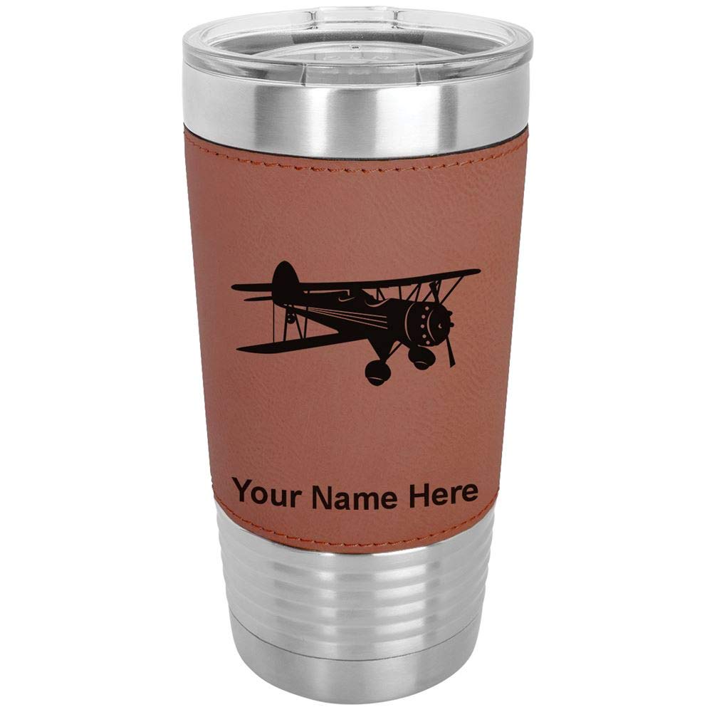 LaserGram 20oz Vacuum Insulated Tumbler Mug, Biplane, Personalized Engraving Included (Faux Leather, Dark Brown)