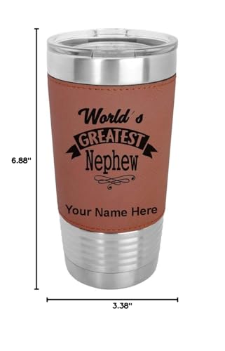 LaserGram 20oz Vacuum Insulated Tumbler Mug, World's Greatest Nephew, Personalized Engraving Included (Faux Leather, Dark Brown)