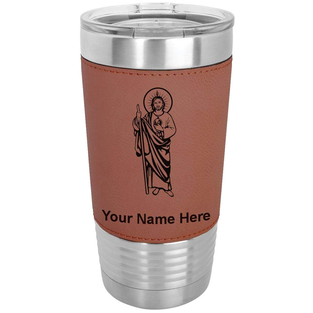 LaserGram 20oz Vacuum Insulated Tumbler Mug, Saint Jude, Personalized Engraving Included (Faux Leather, Dark Brown)