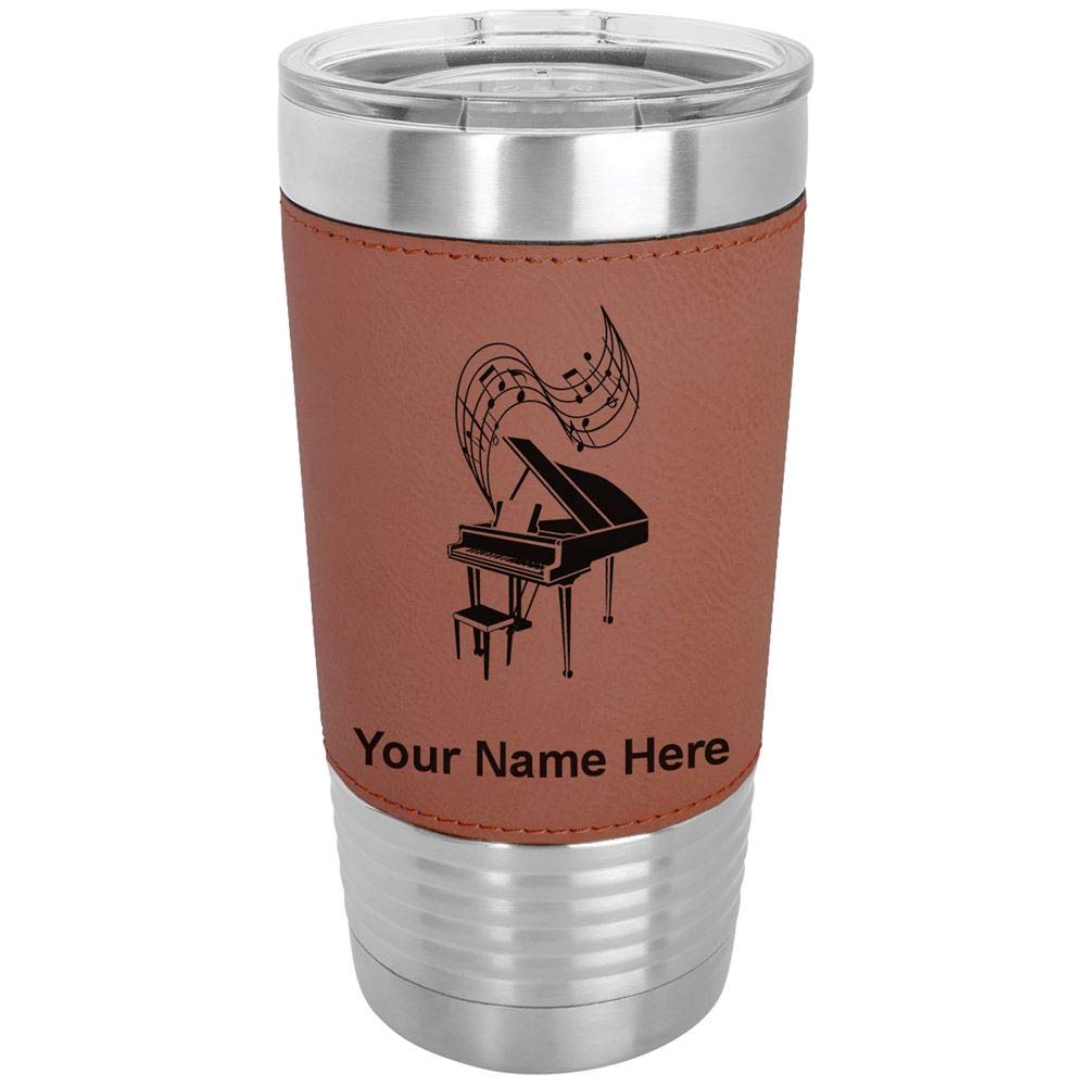 LaserGram 20oz Vacuum Insulated Tumbler Mug, Grand Piano, Personalized Engraving Included (Faux Leather, Dark Brown)