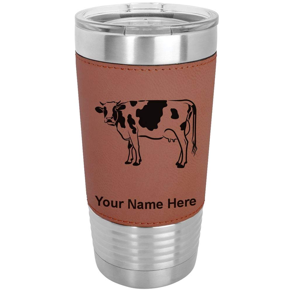 LaserGram 20oz Vacuum Insulated Tumbler Mug, Cow, Personalized Engraving Included (Faux Leather, Dark Brown)