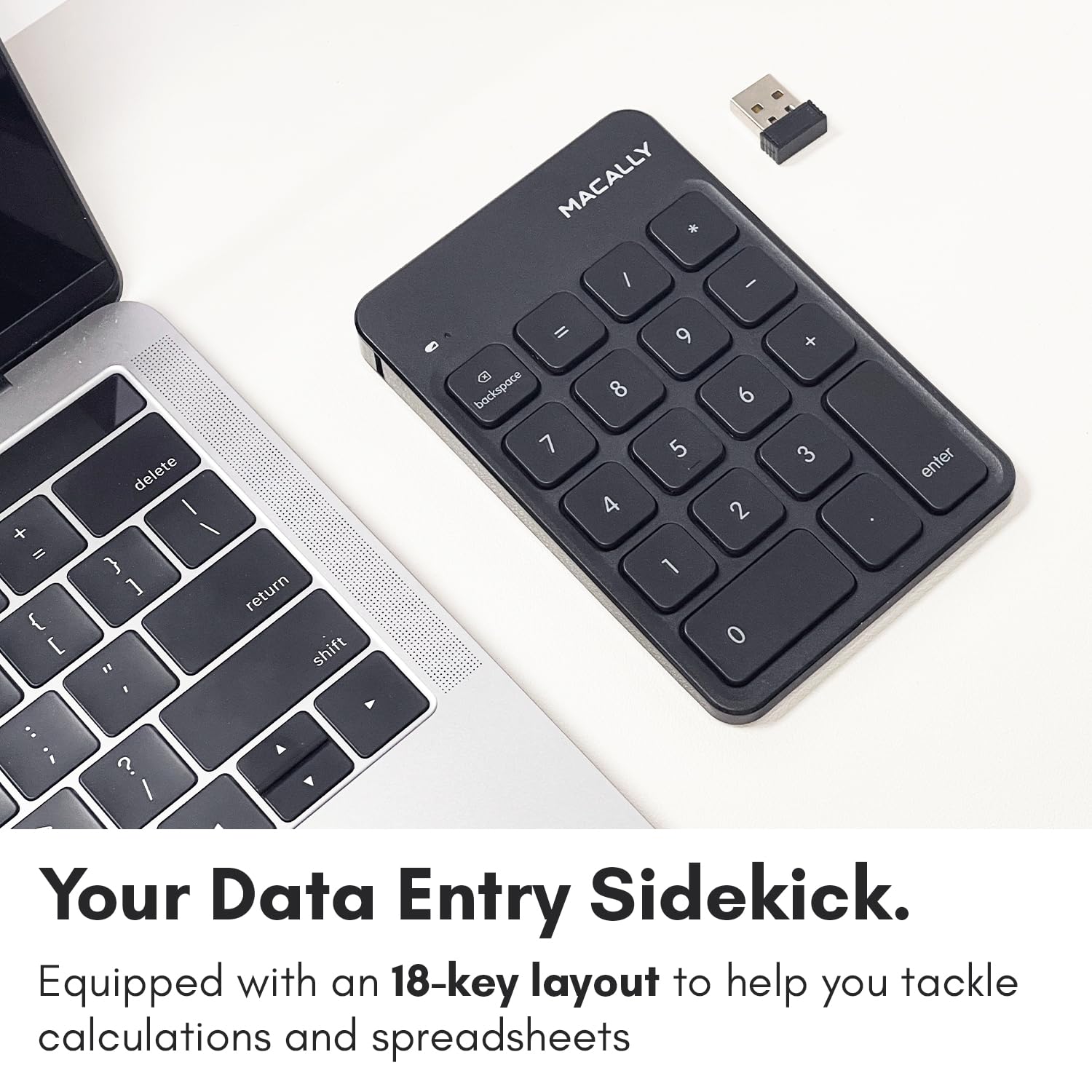 Macally Wireless Number Pad | Numeric Keypad | Wireless 10 Key for Laptop PC Computer Notebook Surface Chrome (2.4G USB) Perfect for Data Entry Numpad Number Keyboard