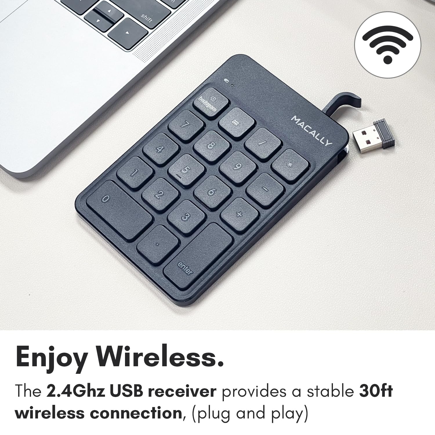 Macally Wireless Number Pad | Numeric Keypad | Wireless 10 Key for Laptop PC Computer Notebook Surface Chrome (2.4G USB) Perfect for Data Entry Numpad Number Keyboard