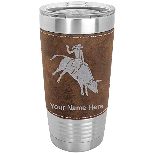 LaserGram 20oz Vacuum Insulated Tumbler Mug, Bull Rider Cowgirl, Personalized Engraving Included (Faux Leather, Rustic)