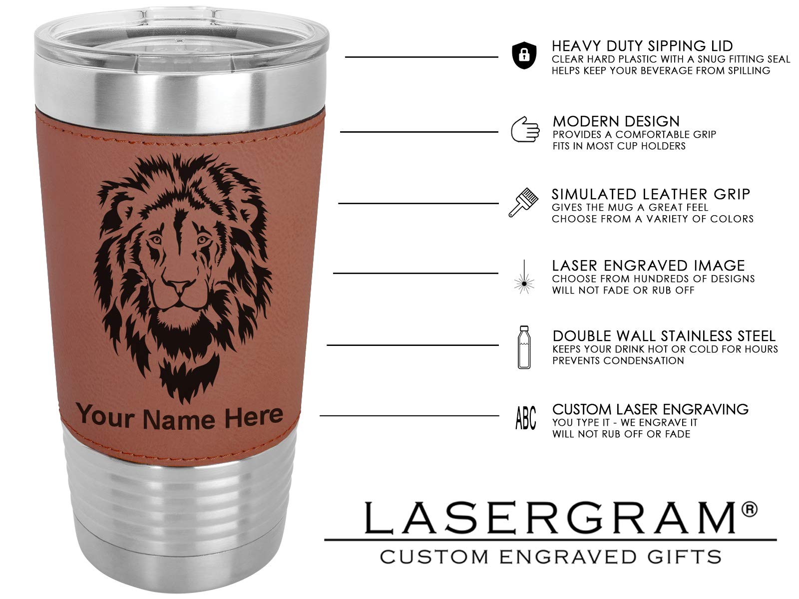 LaserGram 20oz Vacuum Insulated Tumbler Mug, Backhoe Loader, Personalized Engraving Included (Faux Leather, Dark Brown)