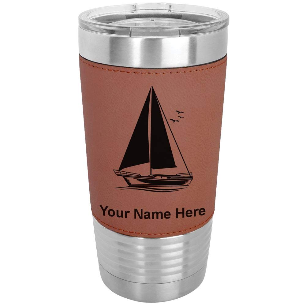 LaserGram 20oz Vacuum Insulated Tumbler Mug, Sailboat, Personalized Engraving Included (Faux Leather, Dark Brown)