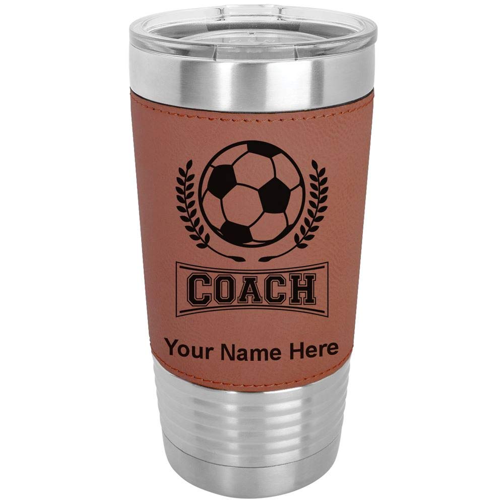 LaserGram 20oz Vacuum Insulated Tumbler Mug, Soccer Coach, Personalized Engraving Included (Faux Leather, Dark Brown)