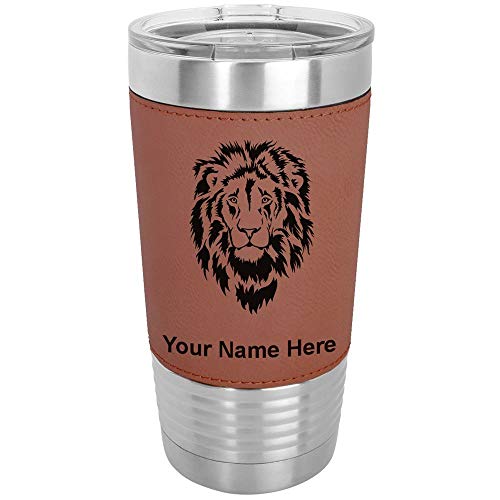 LaserGram 20oz Vacuum Insulated Tumbler Mug, Lion Head, Personalized Engraving Included (Faux Leather, Dark Brown)