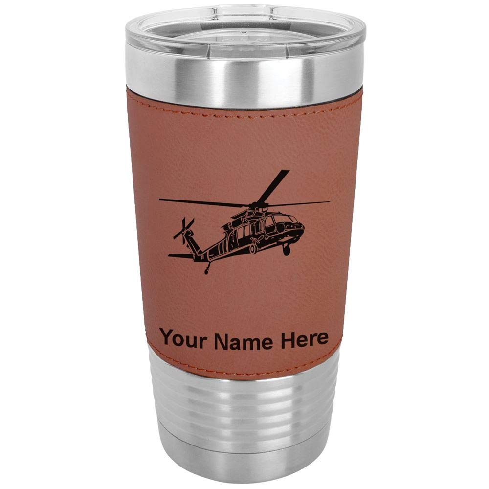 LaserGram 20oz Vacuum Insulated Tumbler Mug, Military Helicopter 1, Personalized Engraving Included (Faux Leather, Dark Brown)