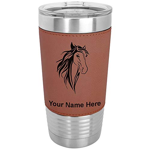 LaserGram 20oz Vacuum Insulated Tumbler Mug, Horse Head 3, Personalized Engraving Included (Faux Leather, Dark Brown)