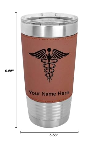 LaserGram 20oz Vacuum Insulated Tumbler Mug, Caduceus Medical Symbol, Personalized Engraving Included (Faux Leather, Dark Brown)