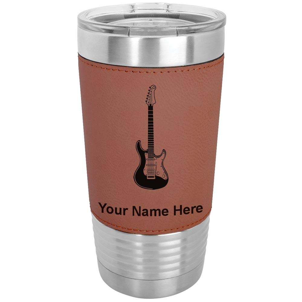 LaserGram 20oz Vacuum Insulated Tumbler Mug, Electric Guitar, Personalized Engraving Included (Faux Leather, Dark Brown)