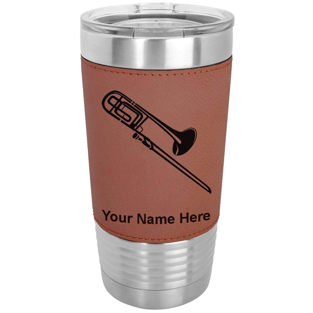 LaserGram 20oz Vacuum Insulated Tumbler Mug, Trombone, Personalized Engraving Included (Faux Leather, Dark Brown)
