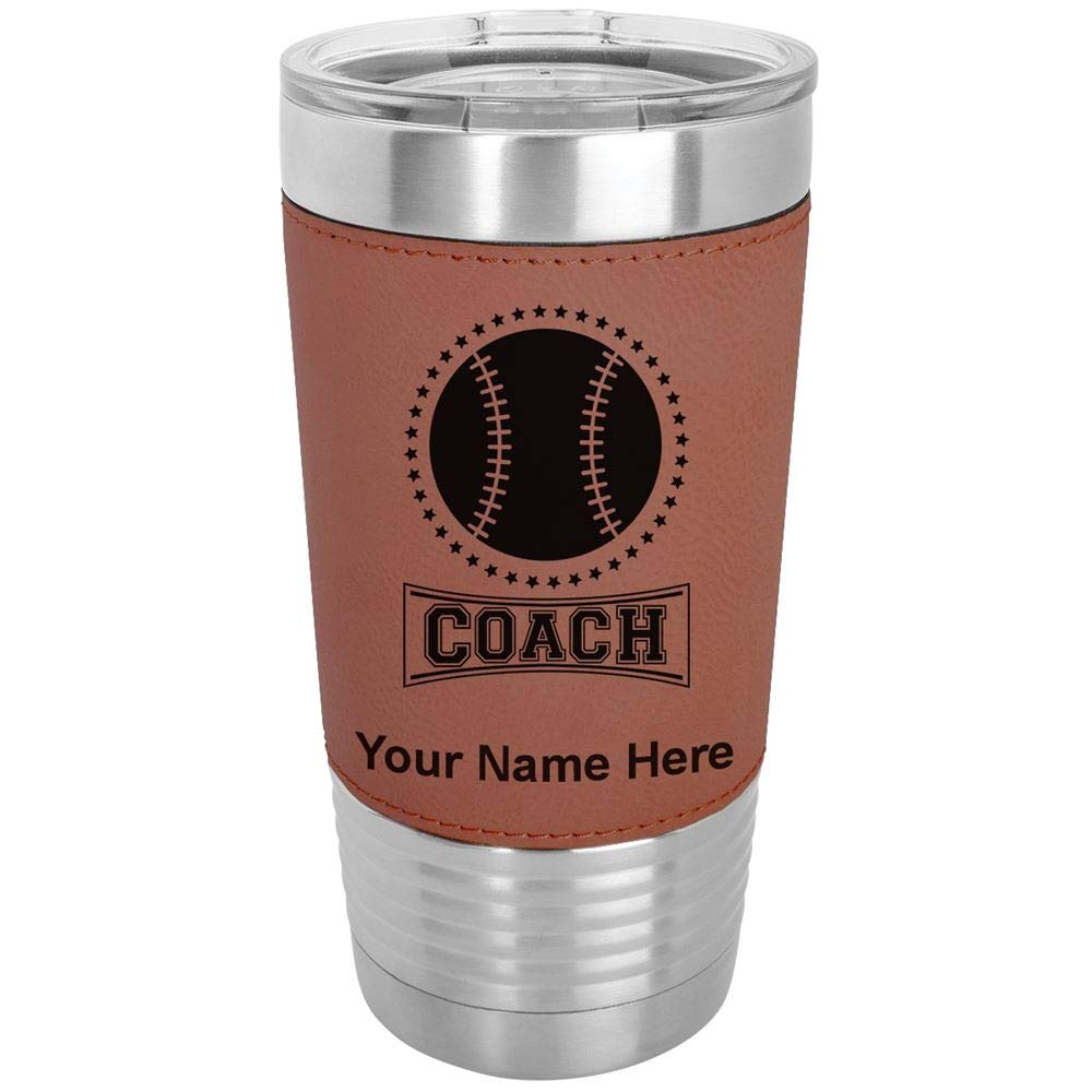 LaserGram 20oz Vacuum Insulated Tumbler Mug, Baseball Coach, Personalized Engraving Included (Faux Leather, Dark Brown)