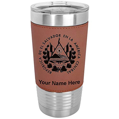 LaserGram 20oz Vacuum Insulated Tumbler Mug, Flag of El Salvador, Personalized Engraving Included (Faux Leather, Dark Brown)