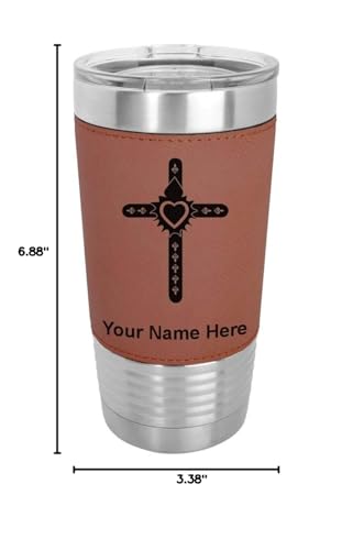 LaserGram 20oz Vacuum Insulated Tumbler Mug, Cross with Heart, Personalized Engraving Included (Faux Leather, Dark Brown)