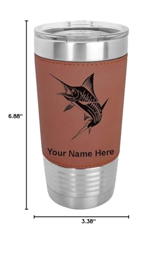 LaserGram 20oz Vacuum Insulated Tumbler Mug, Marlin Fish, Personalized Engraving Included (Faux Leather, Dark Brown)