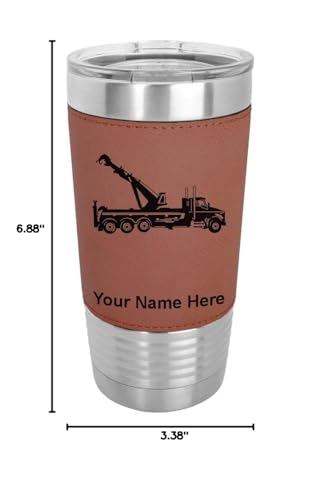 LaserGram 20oz Vacuum Insulated Tumbler Mug, Tow Truck Wrecker, Personalized Engraving Included (Faux Leather, Dark Brown)