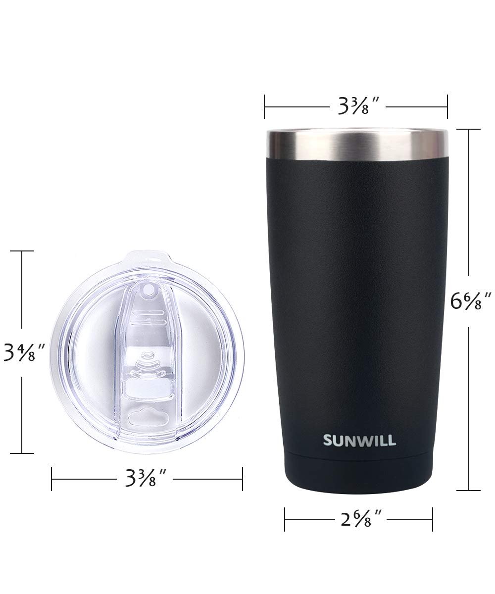 SUNWILL Travel Coffee Mug with Lid, 20 oz Tumbler Set of 2, Insulated Stainless Steel Cup for Water, Tea, Ice, Powder Coated Black 2 pack