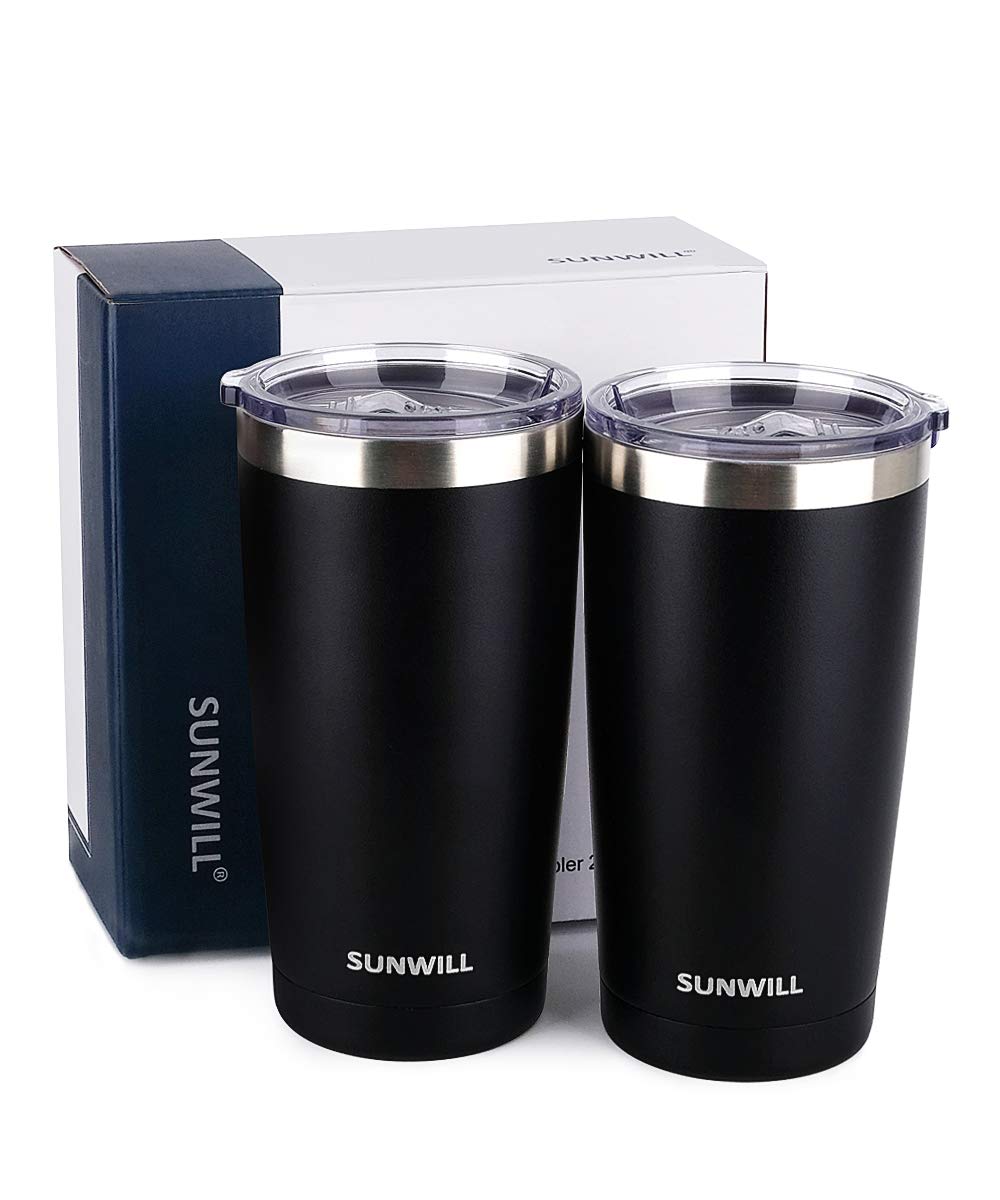 SUNWILL Travel Coffee Mug with Lid, 20 oz Tumbler Set of 2, Insulated Stainless Steel Cup for Water, Tea, Ice, Powder Coated Black 2 pack