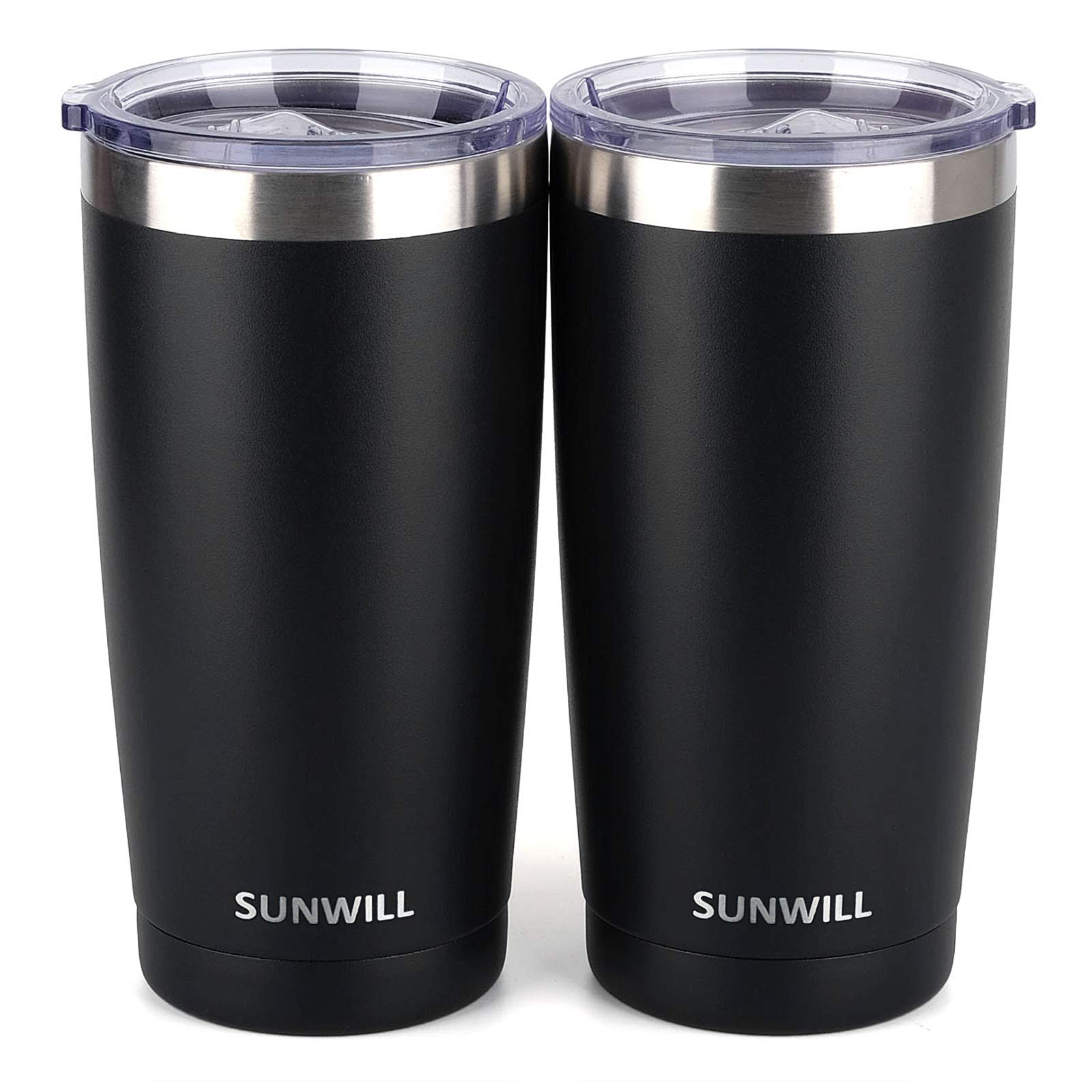 SUNWILL Travel Coffee Mug with Lid, 20 oz Tumbler Set of 2, Insulated Stainless Steel Cup for Water, Tea, Ice, Powder Coated Black 2 pack