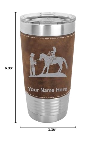 LaserGram 20oz Vacuum Insulated Tumbler Mug, Cowgirl Roping a Man, Personalized Engraving Included (Faux Leather, Rustic)