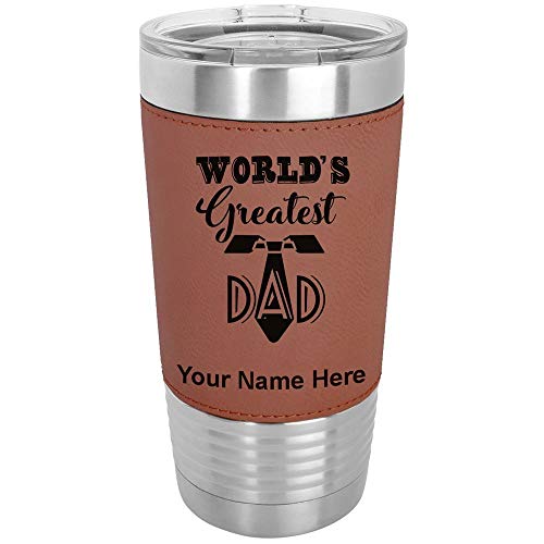 LaserGram 20oz Vacuum Insulated Tumbler Mug, World's Greatest Dad, Personalized Engraving Included (Faux Leather, Dark Brown)