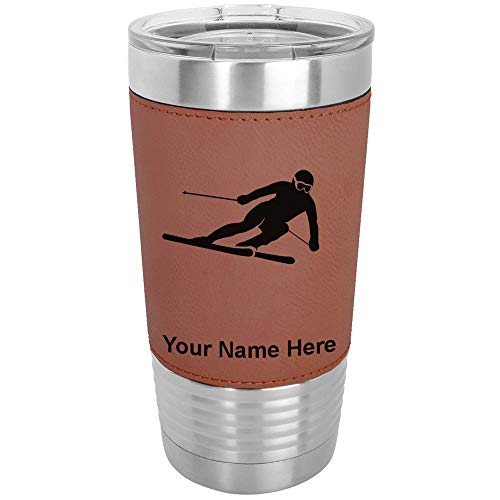 LaserGram 20oz Vacuum Insulated Tumbler Mug, Skier Downhill, Personalized Engraving Included (Faux Leather, Dark Brown)