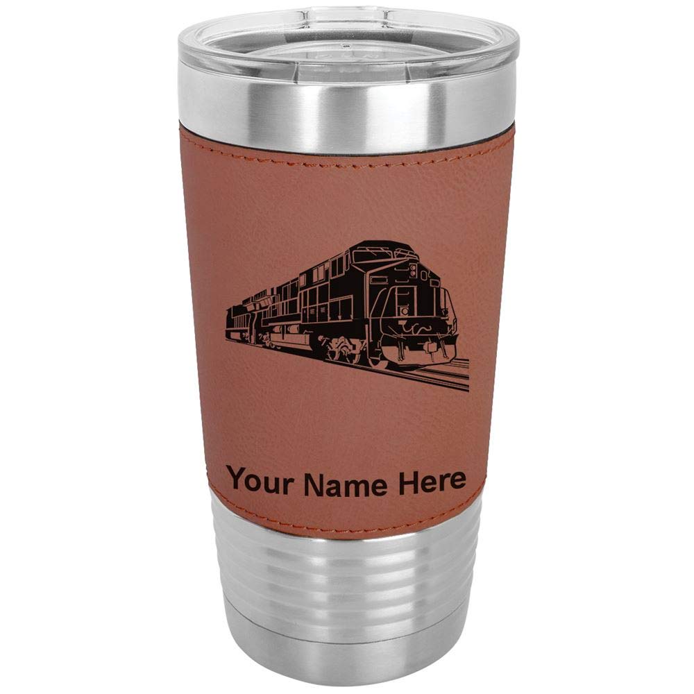 LaserGram 20oz Vacuum Insulated Tumbler Mug, Freight Train, Personalized Engraving Included (Faux Leather, Dark Brown)