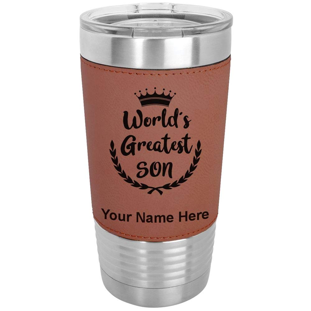 LaserGram 20oz Vacuum Insulated Tumbler Mug, World's Greatest Son, Personalized Engraving Included (Faux Leather, Dark Brown)