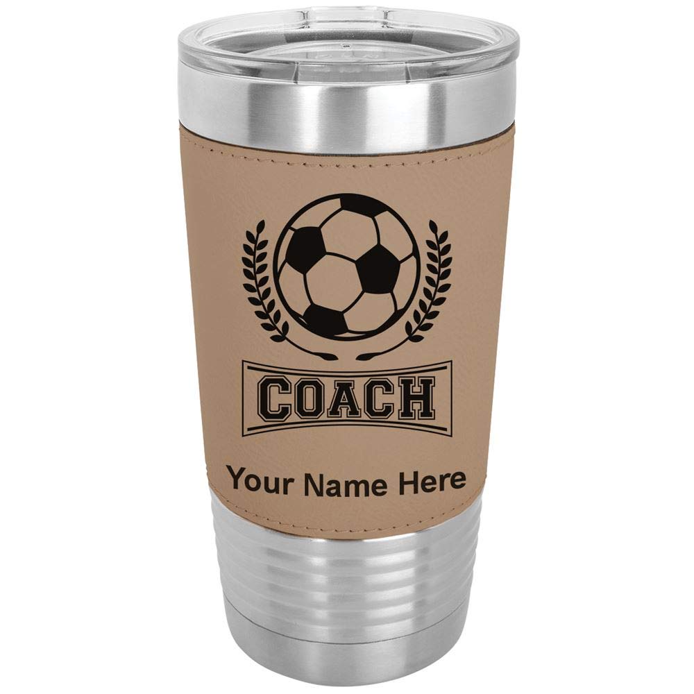 LaserGram 20oz Vacuum Insulated Tumbler Mug, Soccer Coach, Personalized Engraving Included (Faux Leather, Light Brown)