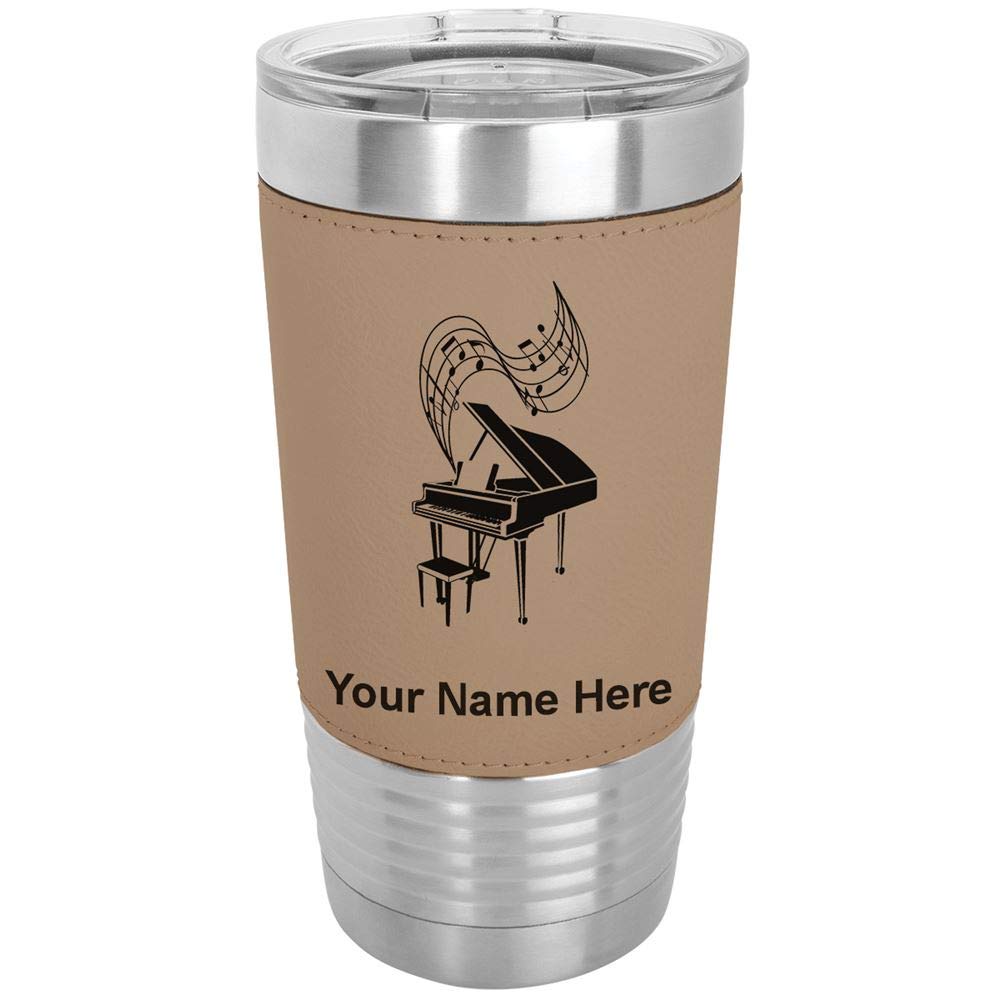 LaserGram 20oz Vacuum Insulated Tumbler Mug, Grand Piano, Personalized Engraving Included (Faux Leather, Light Brown)
