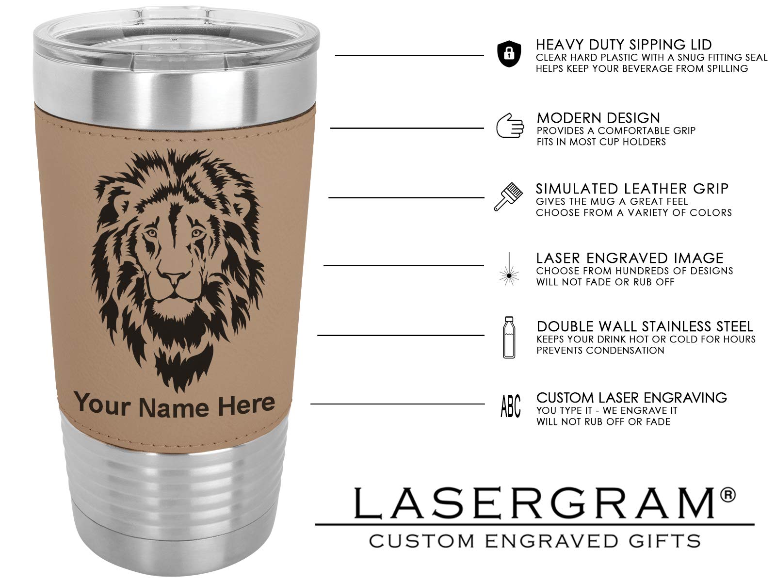 LaserGram 20oz Vacuum Insulated Tumbler Mug, Fleur de Lis, Personalized Engraving Included (Faux Leather, Light Brown)