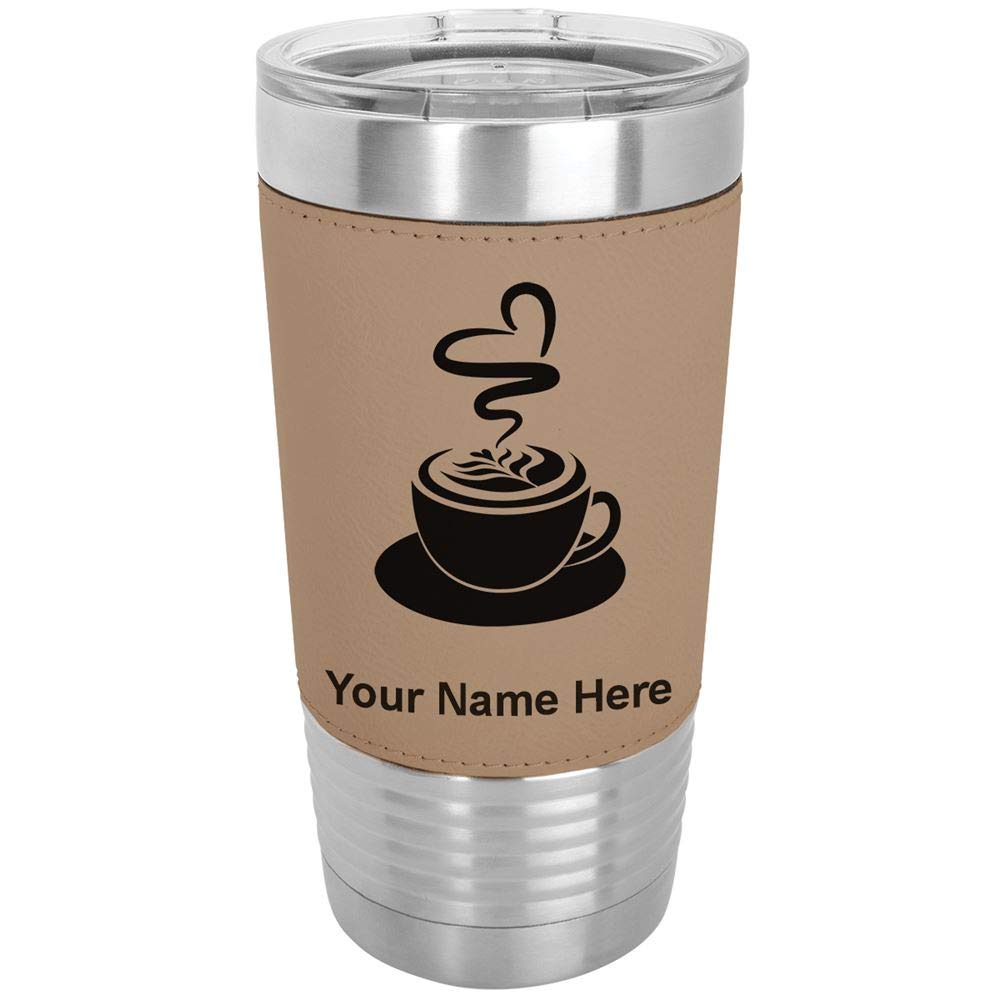 LaserGram 20oz Vacuum Insulated Tumbler Mug, Cup of Coffee, Personalized Engraving Included (Faux Leather, Light Brown)