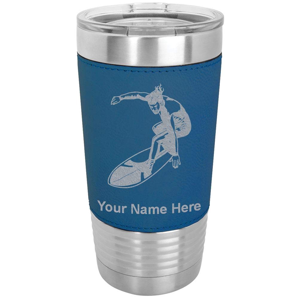 LaserGram 20oz Vacuum Insulated Tumbler Mug, Surfer Man, Personalized Engraving Included (Faux Leather, Blue)