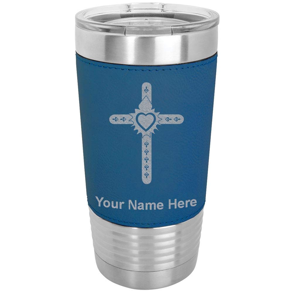 LaserGram 20oz Vacuum Insulated Tumbler Mug, Cross with Heart, Personalized Engraving Included (Faux Leather, Blue)