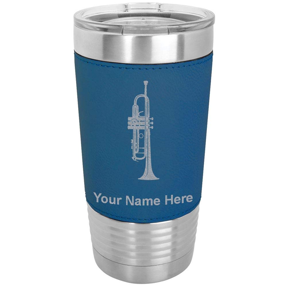 LaserGram 20oz Vacuum Insulated Tumbler Mug, Trumpet, Personalized Engraving Included (Faux Leather, Blue)