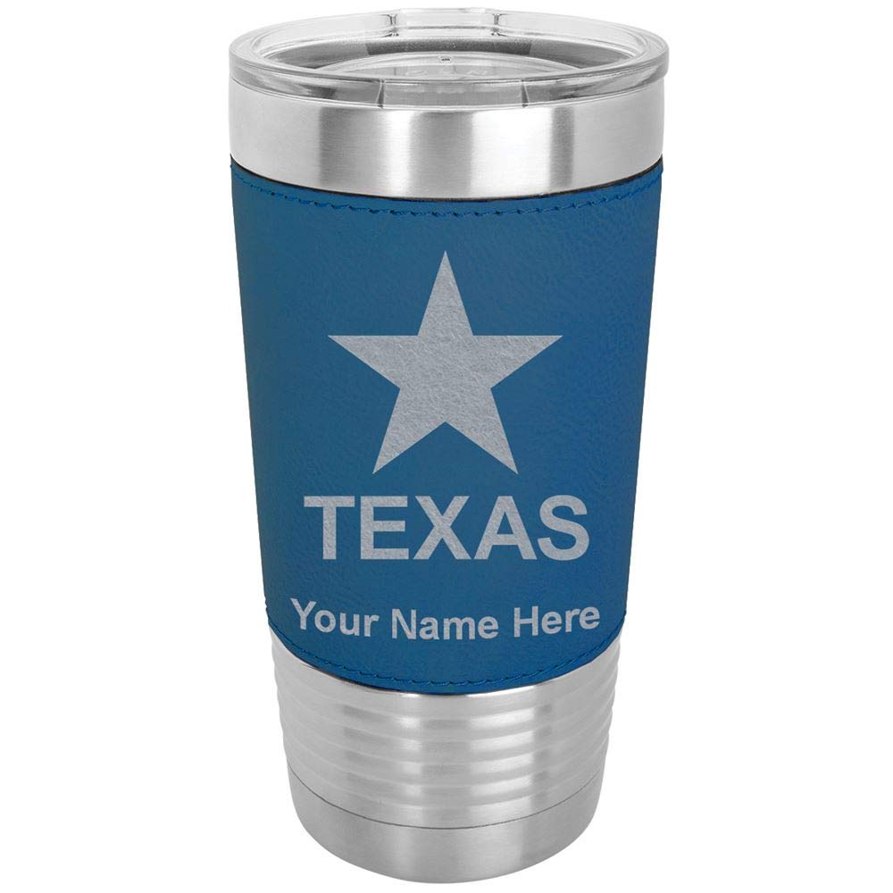 LaserGram 20oz Vacuum Insulated Tumbler Mug, Flag of Texas, Personalized Engraving Included (Faux Leather, Blue)